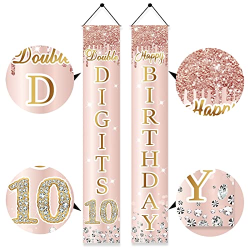 10th Birthday Door Banner Decorations for Girls, Pink Rose Gold Happy 10 Birthday Door Porch Backdrop Party Supplies, Ten Year Old Birthday Sign Decor