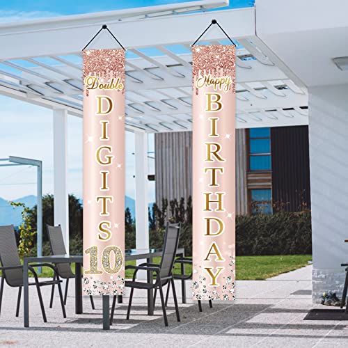 10th Birthday Door Banner Decorations for Girls, Pink Rose Gold Happy 10 Birthday Door Porch Backdrop Party Supplies, Ten Year Old Birthday Sign Decor