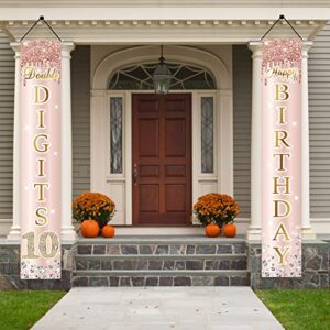 10th Birthday Door Banner Decorations for Girls, Pink Rose Gold Happy 10 Birthday Door Porch Backdrop Party Supplies, Ten Year Old Birthday Sign Decor