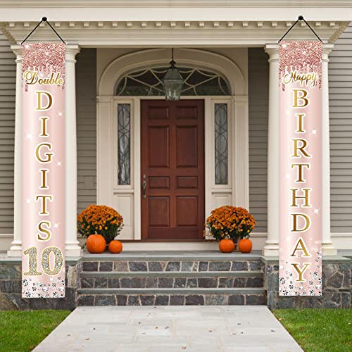 10th Birthday Door Banner Decorations for Girls, Pink Rose Gold Happy 10 Birthday Door Porch Backdrop Party Supplies, Ten Year Old Birthday Sign Decor