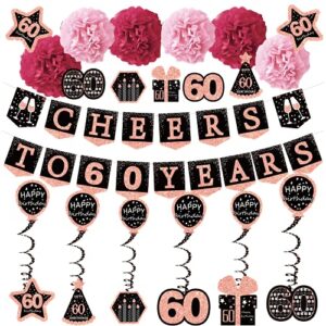 60th birthday decorations for women – (21pack) cheers to 60 years rose gold glitter banner for women, 6 paper poms, 6 hanging swirl, 7 decorations stickers. 60 years old party supplies gifts for women