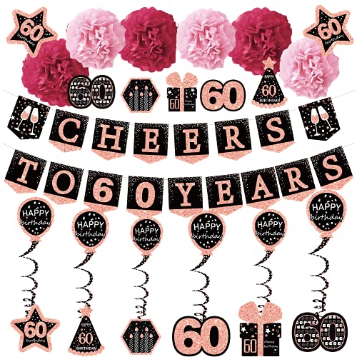 60th birthday decorations for women - (21pack) cheers to 60 years rose gold glitter banner for women, 6 paper Poms, 6 Hanging Swirl, 7 decorations stickers. 60 Years Old Party Supplies gifts for women