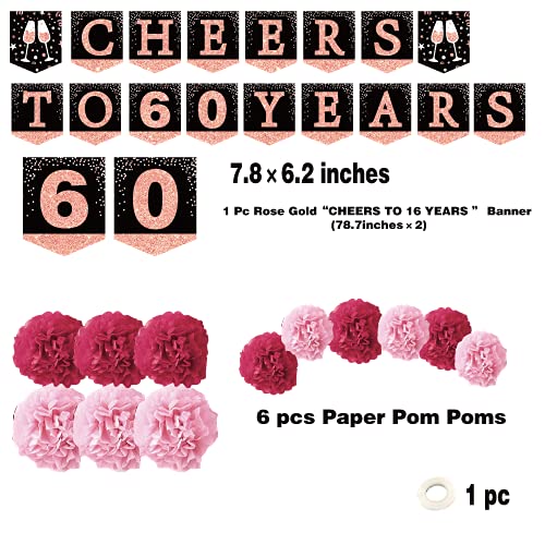 60th birthday decorations for women - (21pack) cheers to 60 years rose gold glitter banner for women, 6 paper Poms, 6 Hanging Swirl, 7 decorations stickers. 60 Years Old Party Supplies gifts for women