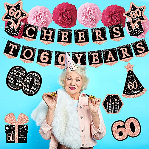 60th birthday decorations for women - (21pack) cheers to 60 years rose gold glitter banner for women, 6 paper Poms, 6 Hanging Swirl, 7 decorations stickers. 60 Years Old Party Supplies gifts for women