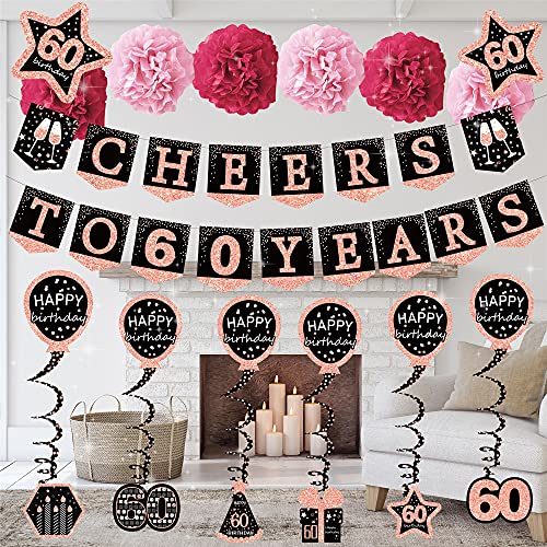 60th birthday decorations for women - (21pack) cheers to 60 years rose gold glitter banner for women, 6 paper Poms, 6 Hanging Swirl, 7 decorations stickers. 60 Years Old Party Supplies gifts for women