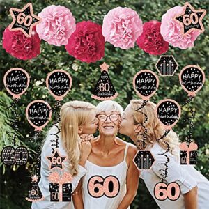 60th birthday decorations for women - (21pack) cheers to 60 years rose gold glitter banner for women, 6 paper Poms, 6 Hanging Swirl, 7 decorations stickers. 60 Years Old Party Supplies gifts for women