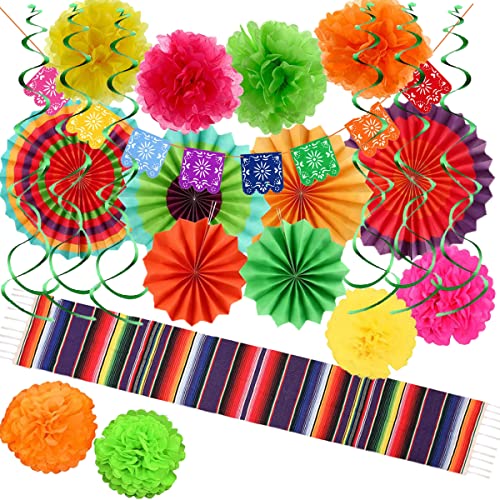 22pcs Fiesta Party Decorations,Encanto Mexican Party Decorations with Fiesta Paper Fans Wheel,Pom Poms Flowers, Serape Table Runners for Cinco De Mayo Decorations Supplies,Birthday,Dia De Los Muertos