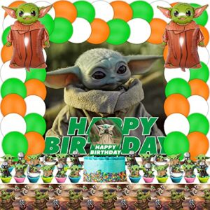 baby inspired yoda birthday party supplies, party decorations including foil balloons, latex balloons, cake toppers, backdrop and tablecloth for kids baby inspired yoda party decorations