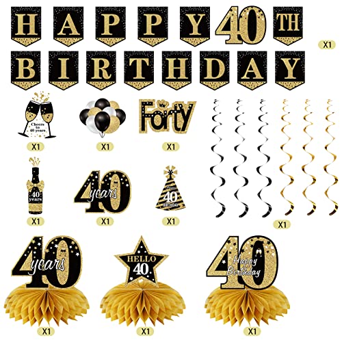 40th Birthday Banner Decorations for Men Women, 10Pcs Happy 40th Birthday Banner Honeycomb Centerpieces Swrils Kit, Forty Bday Banner Ceiling Table Topper Sign Party Supplies for Indoor Outdoor