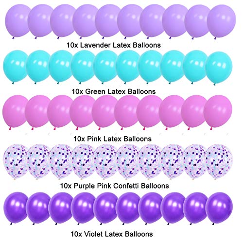 Mermaid Balloons 50 Pack, 12 Inch Light Purple Balloons Seafoam Blue Latex Balloons with Confetti Balloon for Unicorn Party Decorations Birthday Party Supplies with Ribbon