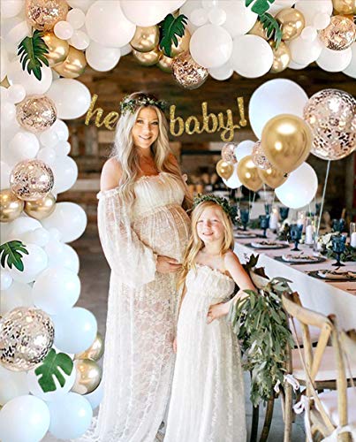 136PCS Gold and White Baby Shower Balloons, White Balloons Different Sizes with Leaves 12PCS, White Balloon Garland Arch KIt Baby Shower Wedding Birthday Graduation Anniversary Bachelorette Party Decorations for Boy Girl