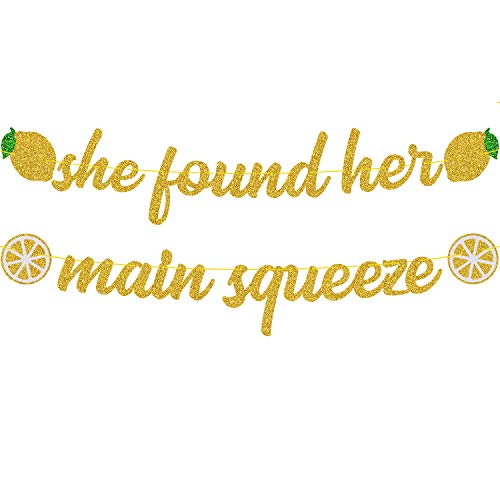 OKUSUN She Found Her Main Squeeze Banner for Lemon Citrus Lemonade Theme Bridal Shower Bride to Be Wedding Engagement Bachelorette Party Supplies Gold Glitter Decorations (She Found Her Main Squeeze)