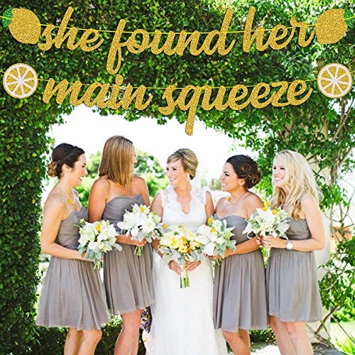 OKUSUN She Found Her Main Squeeze Banner for Lemon Citrus Lemonade Theme Bridal Shower Bride to Be Wedding Engagement Bachelorette Party Supplies Gold Glitter Decorations (She Found Her Main Squeeze)