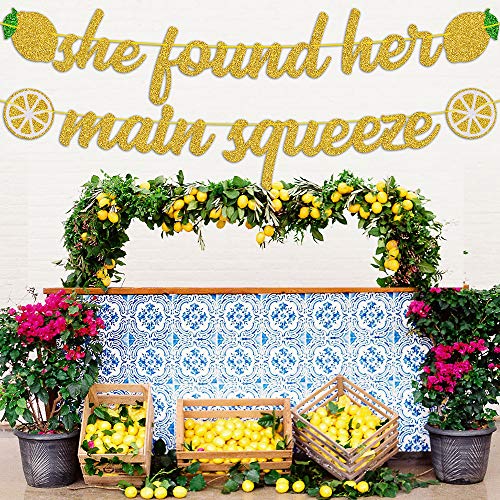 OKUSUN She Found Her Main Squeeze Banner for Lemon Citrus Lemonade Theme Bridal Shower Bride to Be Wedding Engagement Bachelorette Party Supplies Gold Glitter Decorations (She Found Her Main Squeeze)