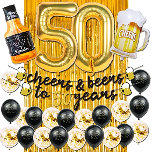 50th Birthday Decorations for Men, 50th Birthday Decorations for Men, Black and Gold 50th Birthday Decorations with 40Inch Gold 50 Number Balloons, Birthday Banner, Latex Balloon, Fringe Curtains and Foil Balloons (50th)