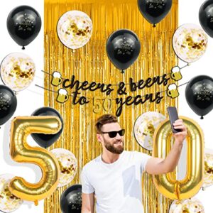 50th Birthday Decorations for Men, 50th Birthday Decorations for Men, Black and Gold 50th Birthday Decorations with 40Inch Gold 50 Number Balloons, Birthday Banner, Latex Balloon, Fringe Curtains and Foil Balloons (50th)