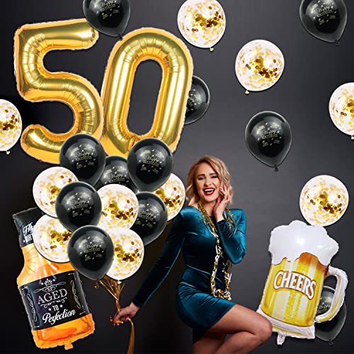 50th Birthday Decorations for Men, 50th Birthday Decorations for Men, Black and Gold 50th Birthday Decorations with 40Inch Gold 50 Number Balloons, Birthday Banner, Latex Balloon, Fringe Curtains and Foil Balloons (50th)