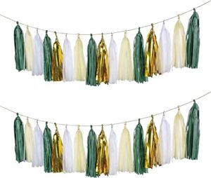 autupy 20pcs sage green gold mylar tassels garland tissue paper tassels banner diy kit teal tassel garland teal gold birthday party decorations for women men boys girls, party supplies