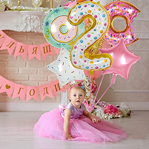 Donut Balloon Party Decorations With White Large Doughnut Number 2 Balloon Round Donut and Star Mylar Foil Balloons with Ribbon for 2nd Baby Birthday Party Supplies … …