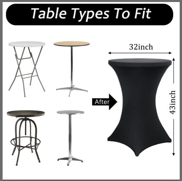 Zdada Black Spandex Cocktail Table Covers - 32"X43" Cocktail Table Tablecloth 4 Pack Cocktail Table Spandex Covers for Wedding and Party（Includes 4 Pack Red Satin Belts）