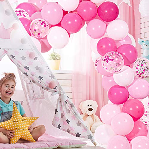 Whaline Balloon Arch & Garland Kit, Pink Hotpink White Latex Balloons & Confetti Balloons with 16ft Balloon Strip Tape,1pcs Tying Tool and 100 Glue Point for Wedding Birthday Baby Shower Party Decor