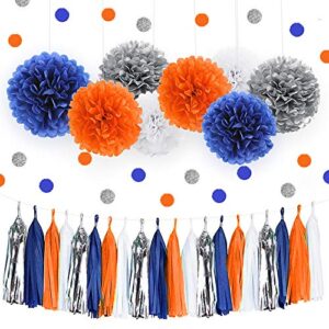 iguo graduation party supplies navy blue orange white american birthday bachelorette baby shower wedding party decoration tissue pom pom, orange silver paper tassel for festivals school party idea