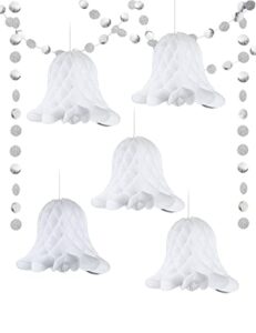 hanging paper bells honeycomb 5 pieces and glittery silver tassels,white bridal honeycomb bells decorating supplies suitable for wedding decoration, p… (10)