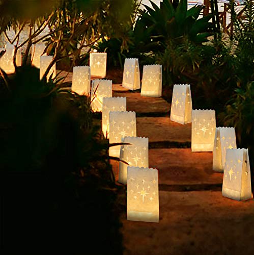 Homemory 24 PCS White Luminary Bags, Flame Resistant Candle Bags, Stars Design Luminaries for Wedding, Halloween, Thanksgiving, Party, Christmas