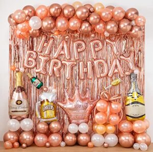 rose gold birthday party background decoration&balloons arch kit,crown,rose gold happy birthday banner,fringe curtain,balloon gift box,sweet 16 18th 21st 30th birthday for women girls