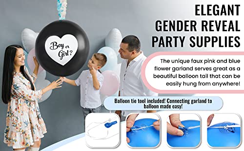 Gender Reveal Balloon- Hanging Balloon - Saves Money - No Helium Needed - Jumbo Boy or Girl Balloons - Pink and Blue Confetti Balloon- Flower Balloon Tail Garland - Gender Reveal Decorations