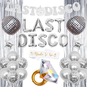 last disco bachelorette party decorations silver last disco banner, disco ball ring balloons, bride to be sash, foil fringe curtain for bridal shower retro 70s bach dance music festival party supplies