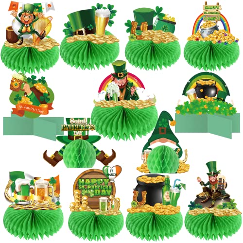 NICOWARM 13PCS St.Patrick's Day Honeycomb Centerpieces, St Patricks Day Table Decoration With Leprechaun, Ekvesm, Shamrocks, Beer for Irish Table Topper, St Patricks Day Centerpieces for Table