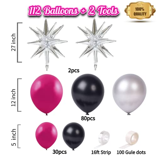 Visondeco Hot pink balloon garland kit - 112pcs Hot Pink Balloons with Black and Silver Balloons, Silver Explosion Star Foil Balloons, Metallic Silver Balloons, Pink and Silver Black Balloons