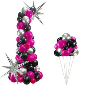 visondeco hot pink balloon garland kit – 112pcs hot pink balloons with black and silver balloons, silver explosion star foil balloons, metallic silver balloons, pink and silver black balloons