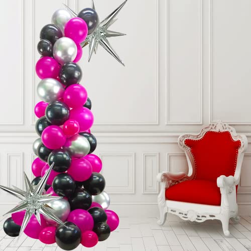 Visondeco Hot pink balloon garland kit - 112pcs Hot Pink Balloons with Black and Silver Balloons, Silver Explosion Star Foil Balloons, Metallic Silver Balloons, Pink and Silver Black Balloons