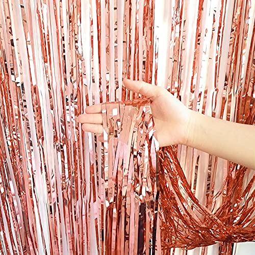 ASTARON 2Pcs Rose Gold Foil Fringe Curtains Shiny Metallic Fringe for Baby Shower Party Birthday Party Decoration