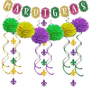 mardi gras party banner hanging swirls, paper pom poms flowers fleur de lis garland banner – mardi gras hanging tissue decor banner for party decorations carnival anniversary home decoration supplies