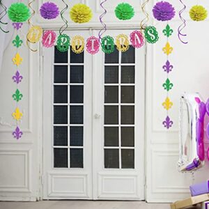 Mardi Gras Party Banner Hanging Swirls, Paper Pom Poms Flowers Fleur De Lis Garland Banner - Mardi Gras Hanging Tissue Decor Banner for Party Decorations Carnival Anniversary Home Decoration Supplies