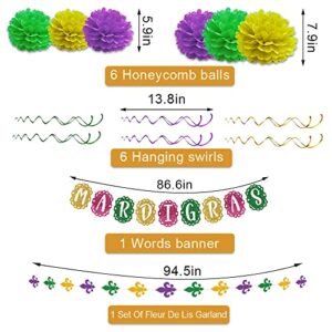 Mardi Gras Party Banner Hanging Swirls, Paper Pom Poms Flowers Fleur De Lis Garland Banner - Mardi Gras Hanging Tissue Decor Banner for Party Decorations Carnival Anniversary Home Decoration Supplies