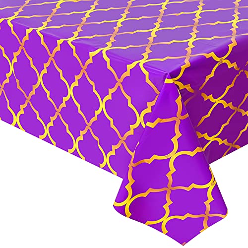 2 Pcs Arabian Tablecloth Purple Gold Lattice Plastic Table Covers 87 x 51 Inches Arabian Nights Themed Party Decorations for Arabian Nights Party Supplies