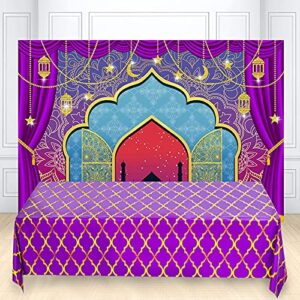 2 Pcs Arabian Tablecloth Purple Gold Lattice Plastic Table Covers 87 x 51 Inches Arabian Nights Themed Party Decorations for Arabian Nights Party Supplies