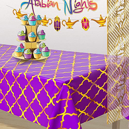 2 Pcs Arabian Tablecloth Purple Gold Lattice Plastic Table Covers 87 x 51 Inches Arabian Nights Themed Party Decorations for Arabian Nights Party Supplies