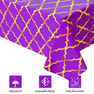 2 Pcs Arabian Tablecloth Purple Gold Lattice Plastic Table Covers 87 x 51 Inches Arabian Nights Themed Party Decorations for Arabian Nights Party Supplies