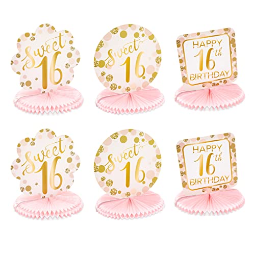 Sweet 16 Birthday Decorations, Pink and Gold Paper Honeycomb Centerpieces (6 Pack)