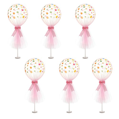 Suppromo Pink Polka Dot Balloons Set Tutu Tulle Balloons With Column Base Kit for Baby Shower Girl Wedding Birthday Party Table Decorations(12 inch Pink Tulle Balloon, 6 Pack)