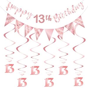 rose gold 13th birthday decoration for girls, happy 13th birthday banner bunting swirls, triangle flag banner for 13 birthday party decorations supplies