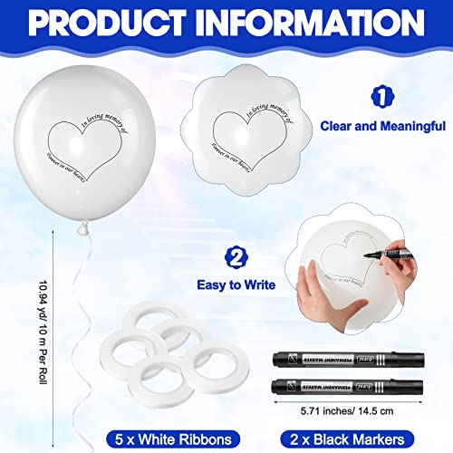 100 Pcs Memorial Balloons 12'' White Funeral Balloons 5 Roll White Ribbons 2 Black Markers Personalized Memorial Balloons to Release in Sky Remembrance Latex Balloon for Condolence Celebrate of Life