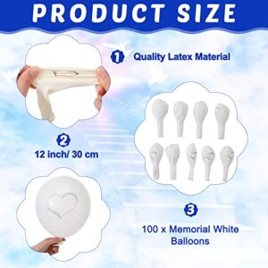 100 Pcs Memorial Balloons 12'' White Funeral Balloons 5 Roll White Ribbons 2 Black Markers Personalized Memorial Balloons to Release in Sky Remembrance Latex Balloon for Condolence Celebrate of Life