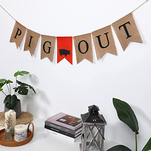 NUOBESTY Party Banner Pig Out Garland Swallowtail Burlap Banner Wall Hanging Decoration for Funny Christmas Party Supplies Favors