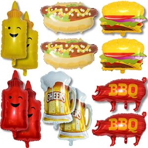 guhar 12 pcs fast food balloons large hamburger, hot dog ,pig ,beer , ketchup ,bbq party balloons yummy style for food snacks themed barbecue picnic party decorations